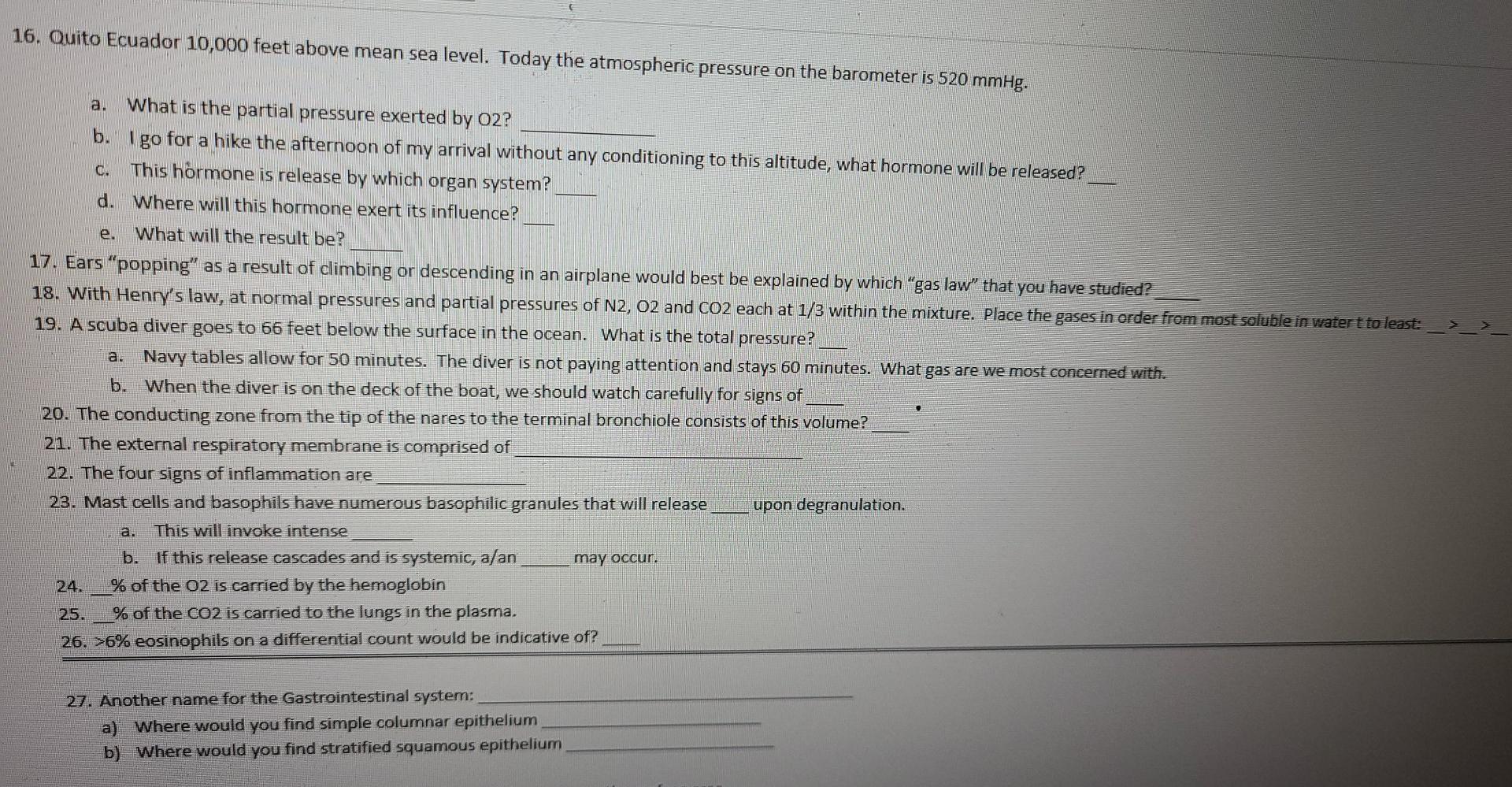 Solved 16. Quito Ecuador 10,000 feet above mean sea level. | Chegg.com