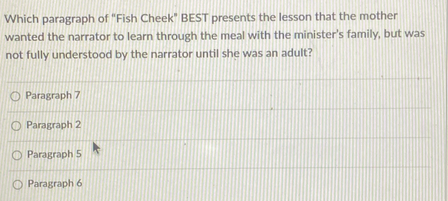 Solved Which paragraph of "Fish Cheek" BEST presents the | Chegg.com