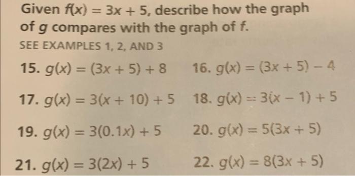 Solved Given f(x) = 3x + 5, describe how the graph of g | Chegg.com