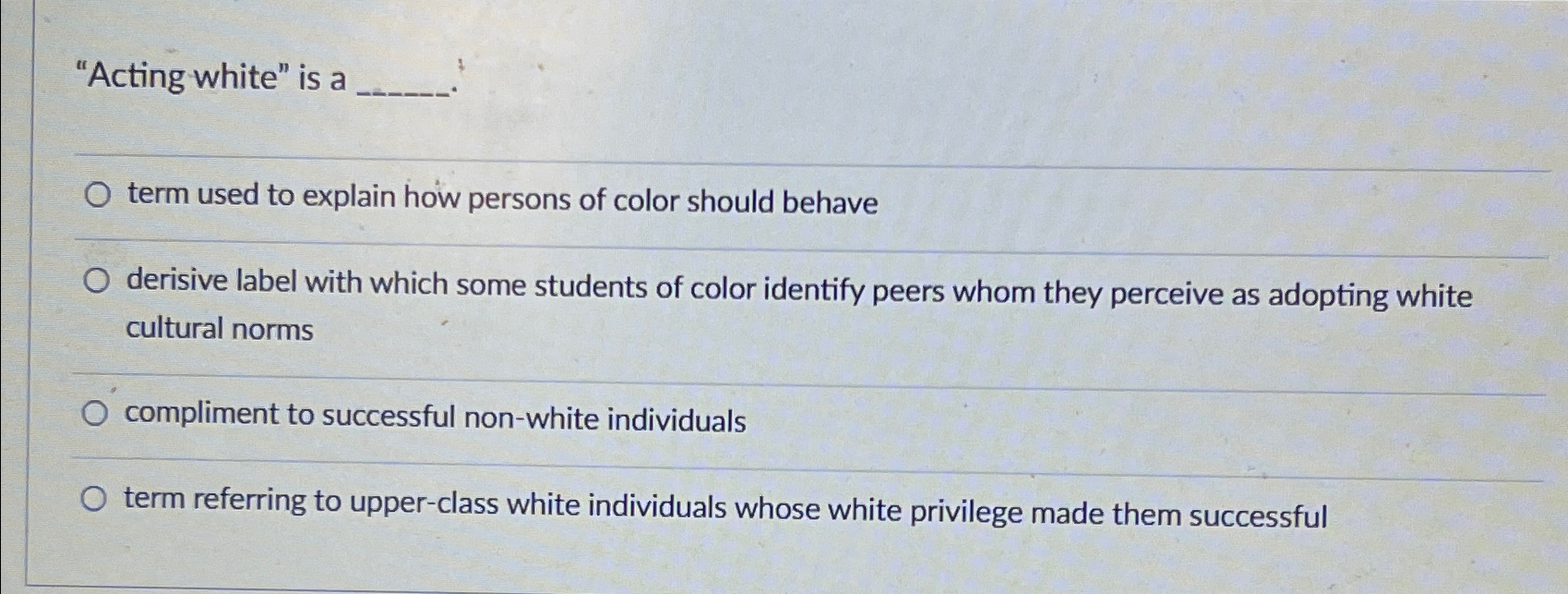 Solved "Acting white" is aterm used to explain how persons | Chegg.com