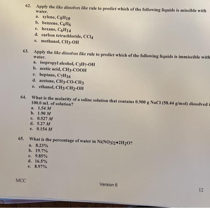 Solved 62. Apply the like dissolves like rule to predict | Chegg.com