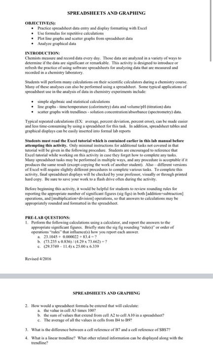 Solved SPREADSHEETS AND GRAPHING OBJECTIVE(S): . Practice | Chegg.com
