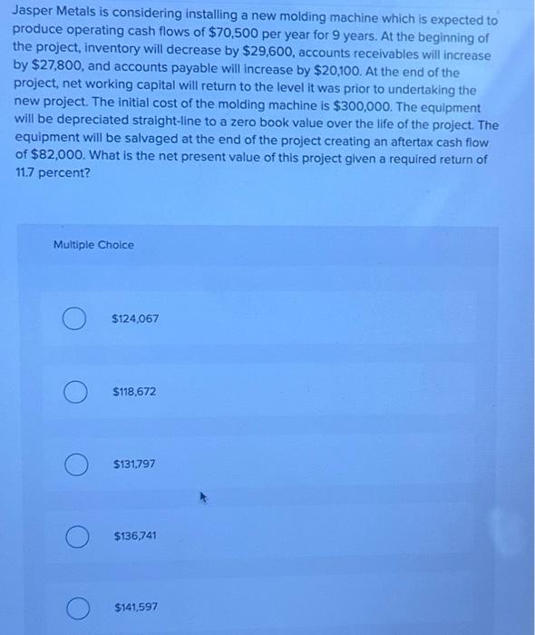 Solved Jasper Metals is considering installing a new molding | Chegg.com