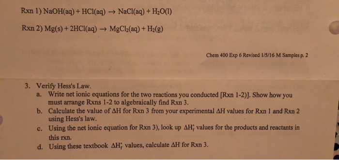 Rxn 1) NaOH(aq) + HCl(aq) + NaCl(aq) + H2O(1) Rxn 2) | Chegg.com