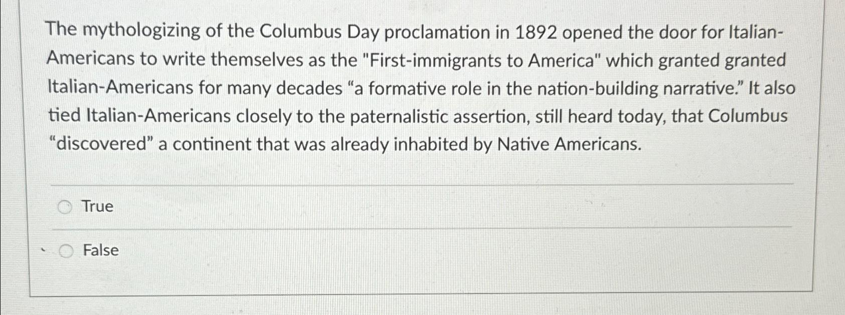 Solved The mythologizing of the Columbus Day proclamation in | Chegg.com