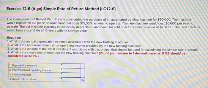 Solved Exercise 12-6 (Algo) Simple Rate of Return Method | Chegg.com