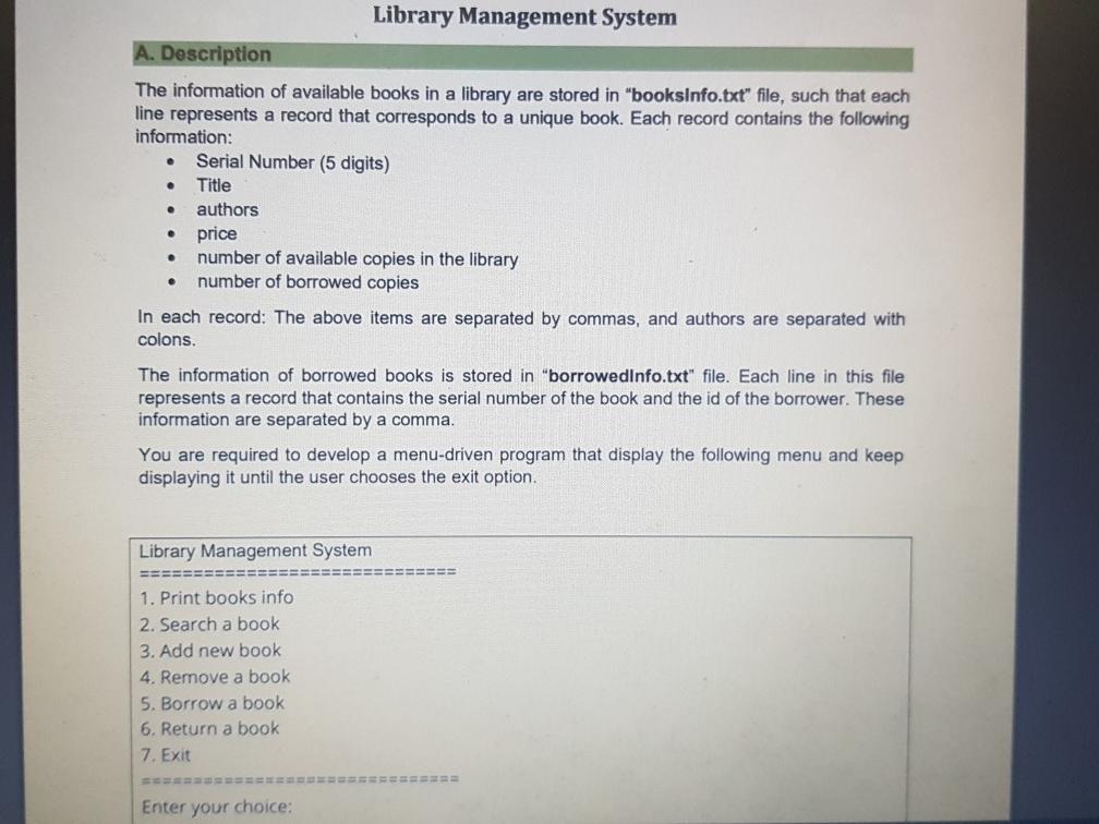 Solved Library Management System A. Description The | Chegg.com