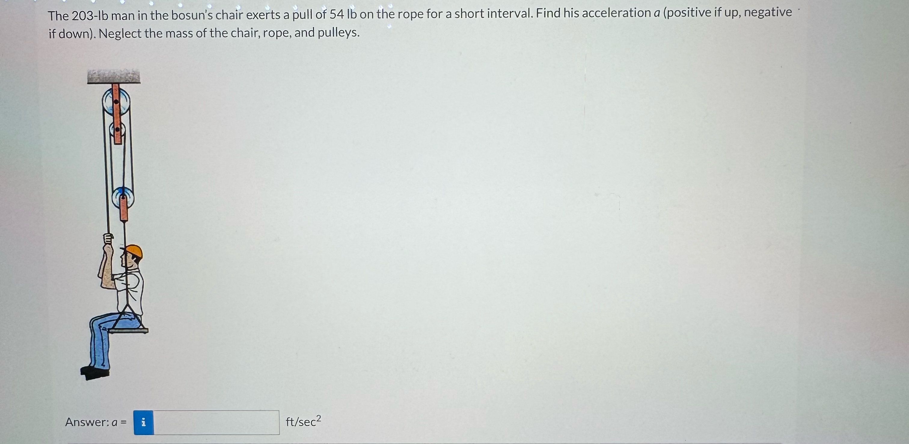 Solved The 203-lb man in the bosun's chair exerts a pull of | Chegg.com