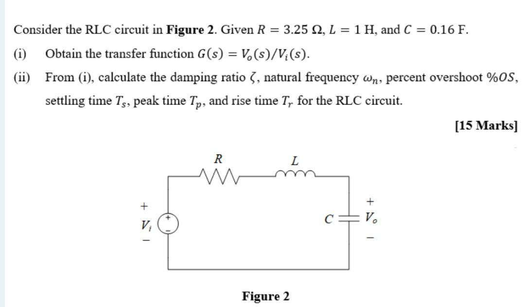 Solved Consider the RLC circuit in Figure 2. Given R = 3.25 | Chegg.com