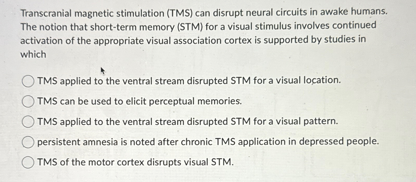 Solved Transcranial magnetic stimulation (TMS) ﻿can disrupt | Chegg.com