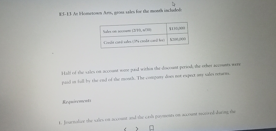 Solved E5-13 ﻿At Hometown Arts, gross sales for the month | Chegg.com