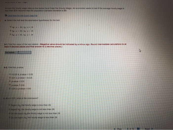 Access the hourly wage data on the below Excel Data | Chegg.com