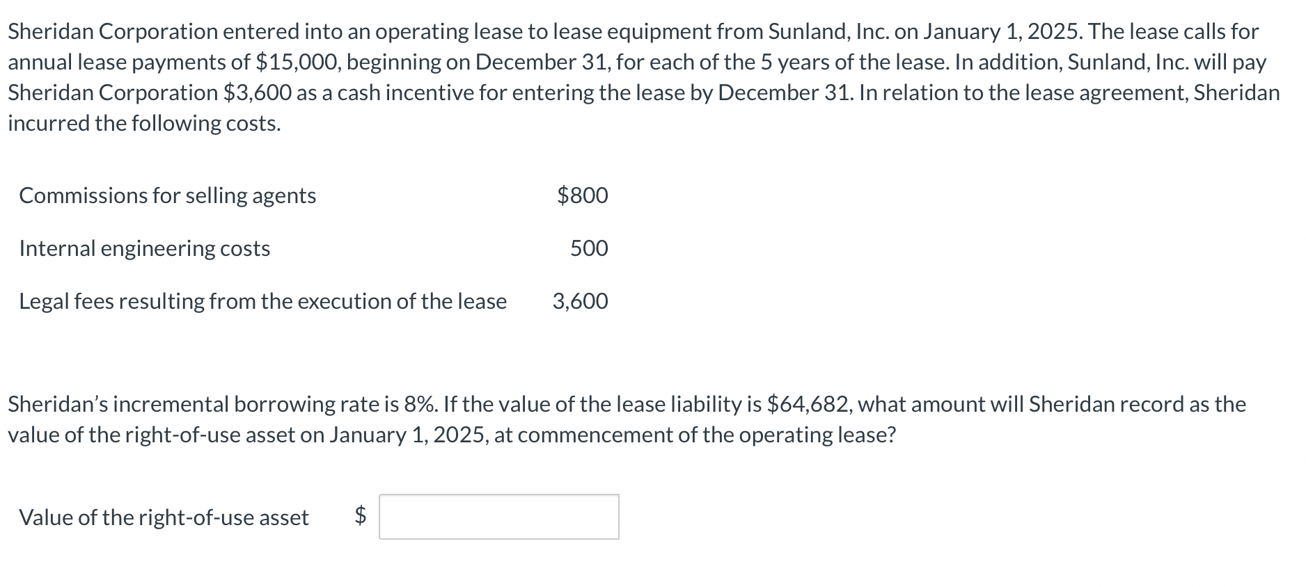 Solved Sheridan Corporation entered into an operating lease | Chegg.com