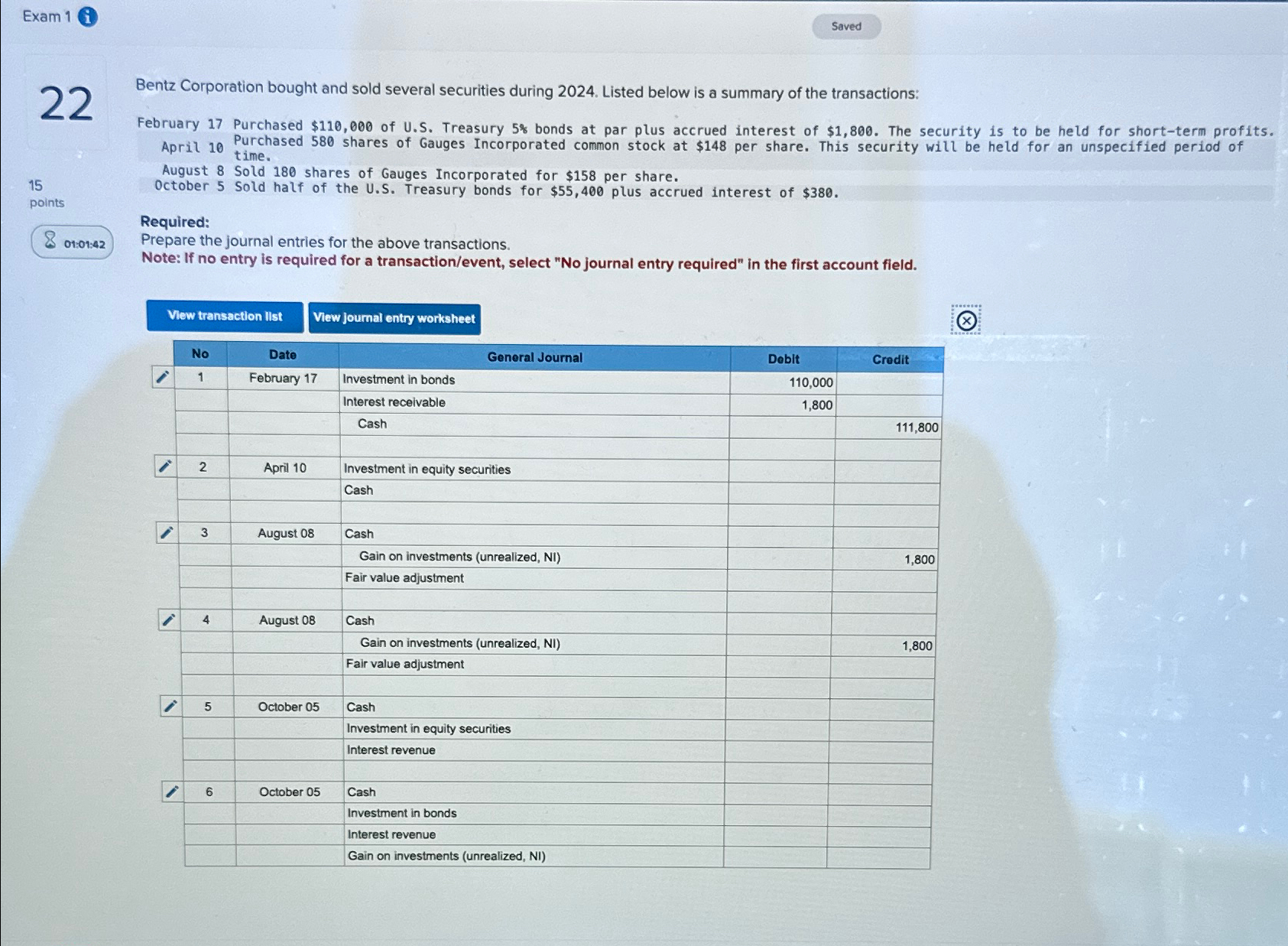 Solved Exam 1 ﻿iSaved2215points01:01:42Bentz Corporation | Chegg.com