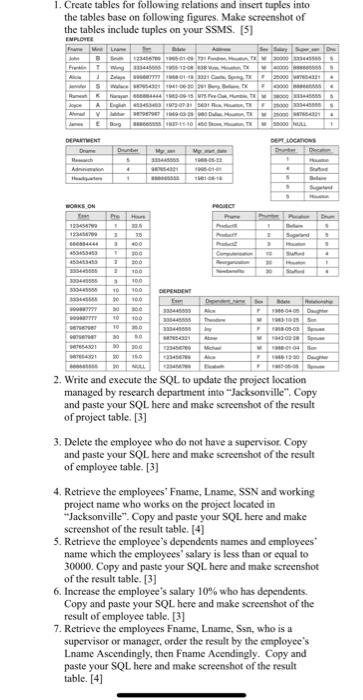 Solved 1. Create tables for following relations and insert | Chegg.com