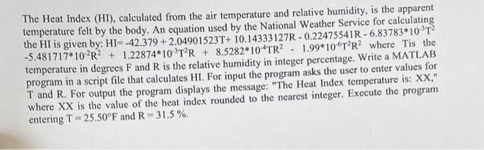 Solved The Heat Index (HI), calculated from the air | Chegg.com