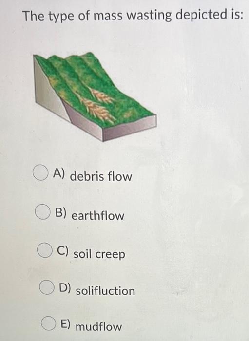 Solved The type of mass wasting depicted is: OA) debris flow | Chegg.com