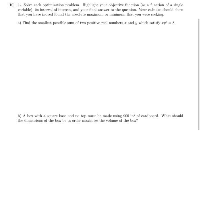 Solved 10] 1. Solve each optimization problem. Highlight | Chegg.com