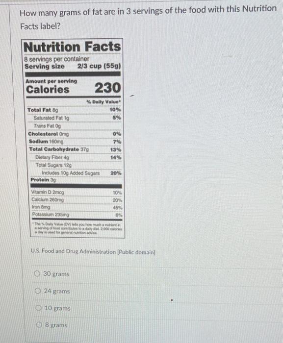 Solved How many grams of fat are in 3 servings of the food | Chegg.com