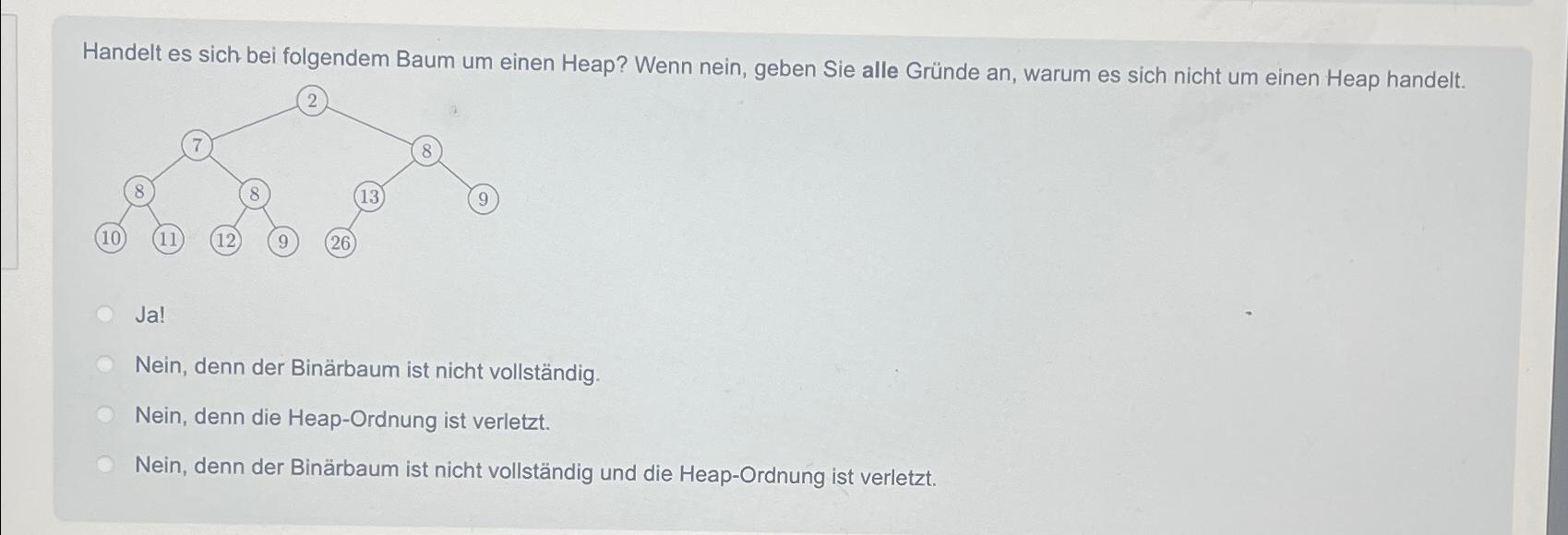 Solved Handelt es sich bei folgendem Baum um einen Heap? | Chegg.com