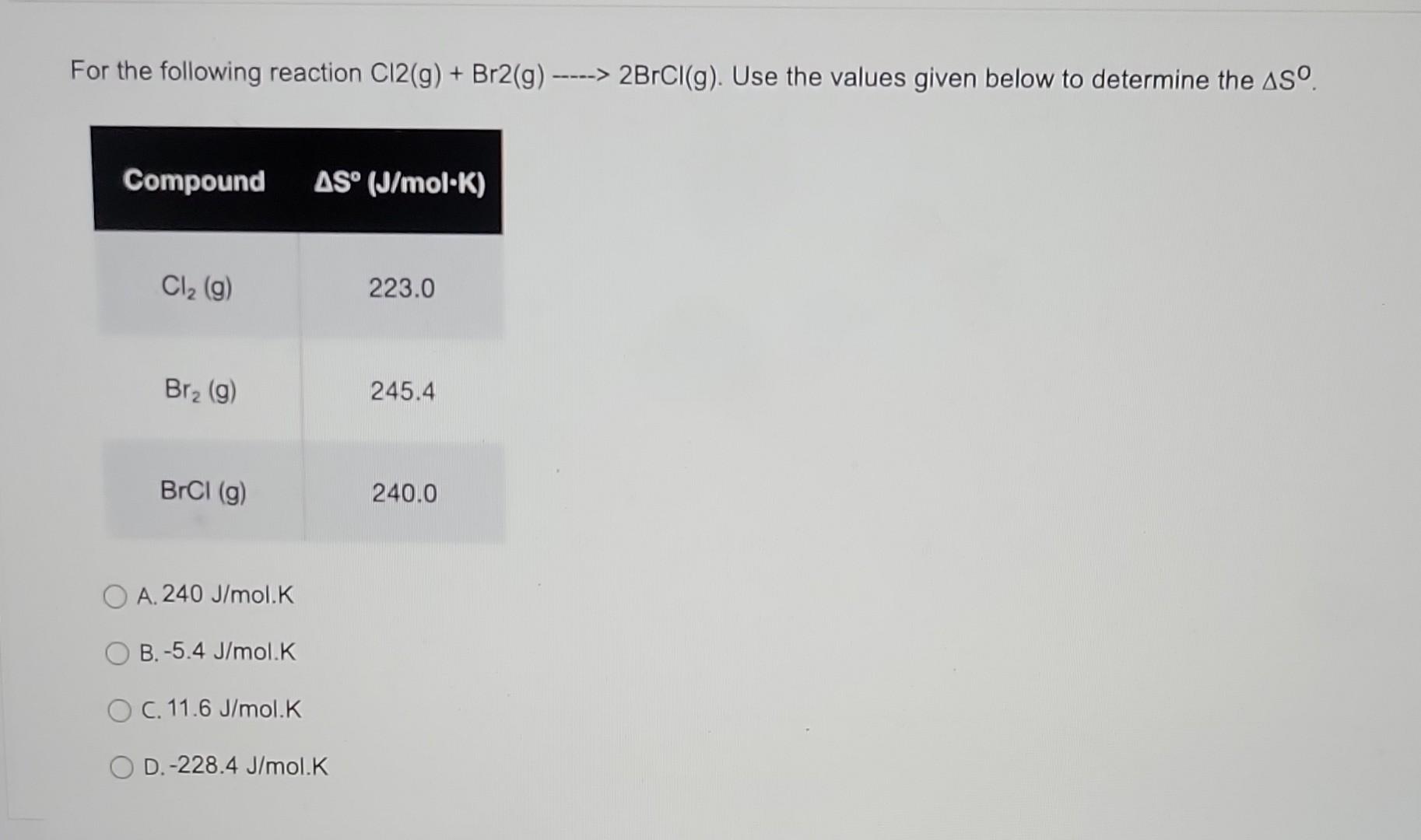 Solved For the following reaction Cl2( g)+Br2( g)−⋯2BrCl(g). | Chegg.com