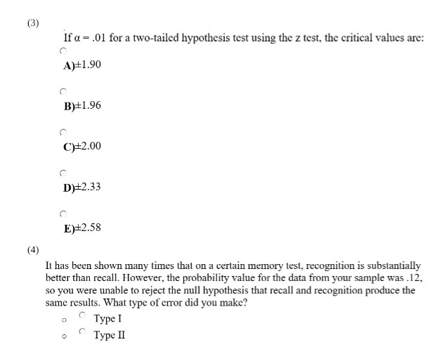 Solved If α=.01 ﻿for a two-tailed hypothesis test using the | Chegg.com