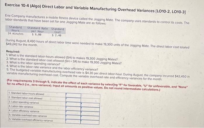 Solved Exercise 10-4 (Algo) Direct Labor and Variable | Chegg.com