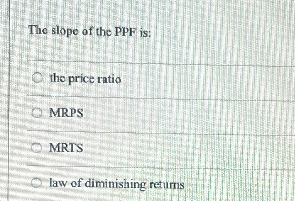Solved The slope of the PPF is:the price ratioMRPSMRTSlaw of | Chegg.com