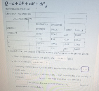 Solved Q=a+bP+cM+dPThe estimation results areRthands foe the | Chegg.com