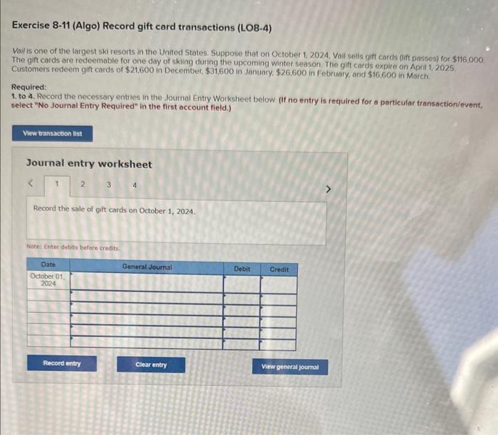 Solved Exercise 8-11 (Algo) Record gift card transactions | Chegg.com