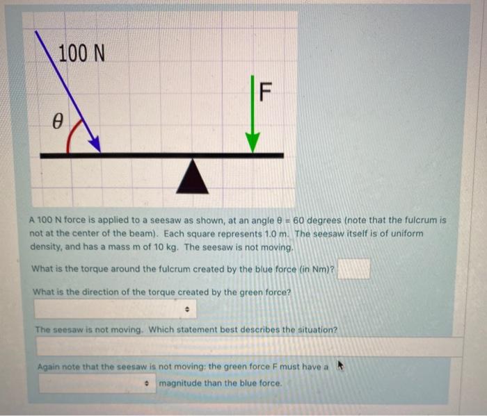 Solved 100 N F o A 100 N force is applied to a seesaw as | Chegg.com