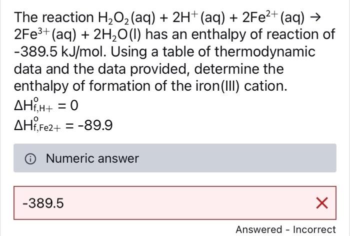 Solved The reaction H2O2(aq)+2H+(aq)+2Fe2+(aq)→ | Chegg.com