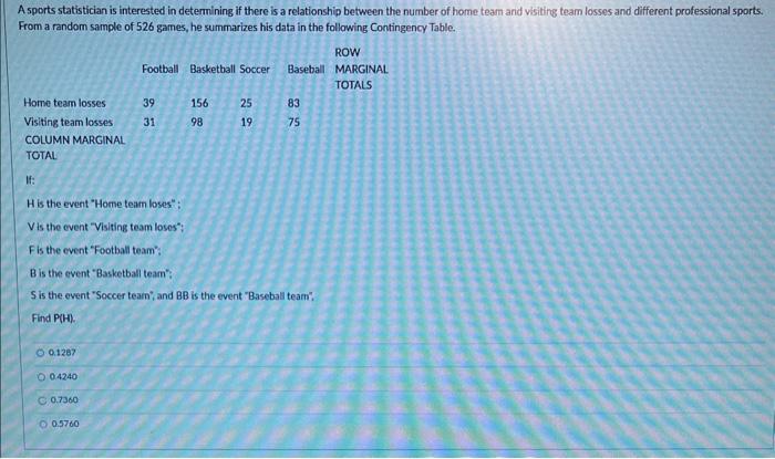 Solved A sports statistician is interested in determining if | Chegg.com
