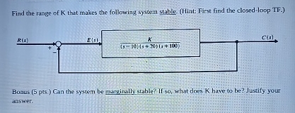 Solved Find the range of K that makes the following system | Chegg.com