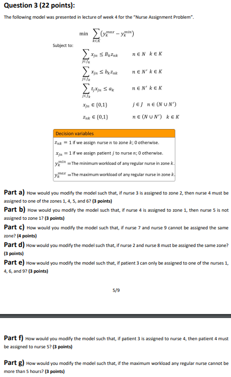 Solved Question 3 (22 ﻿points):The following model was | Chegg.com