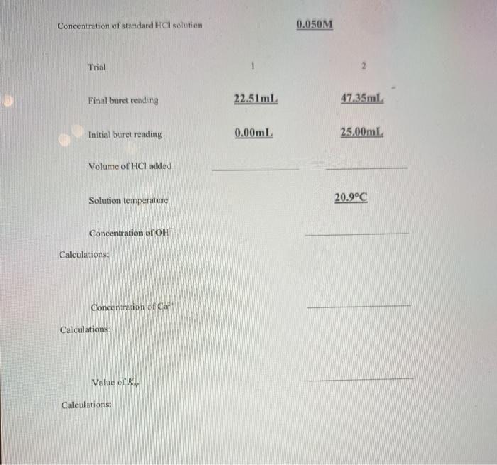Solved Concentration of standard HCl solution 0.050M Trial | Chegg.com