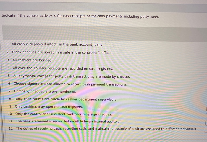 Solved Indicate if the control activity is for cash receipts | Chegg.com