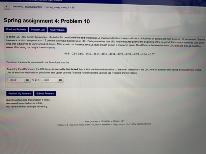 Solved webwork/p2020stat213101 / spring_assignment 4 / 10 | Chegg.com