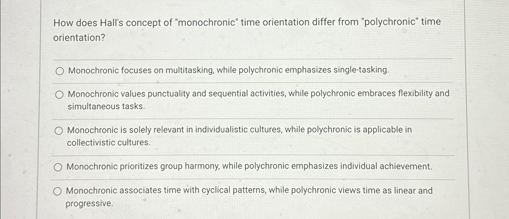 Solved How does Hall's concept of "monochronic" time | Chegg.com