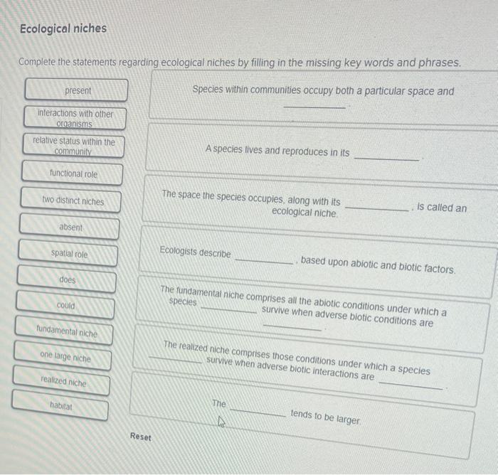 [Solved]: Complete the statements regarding ecological nich