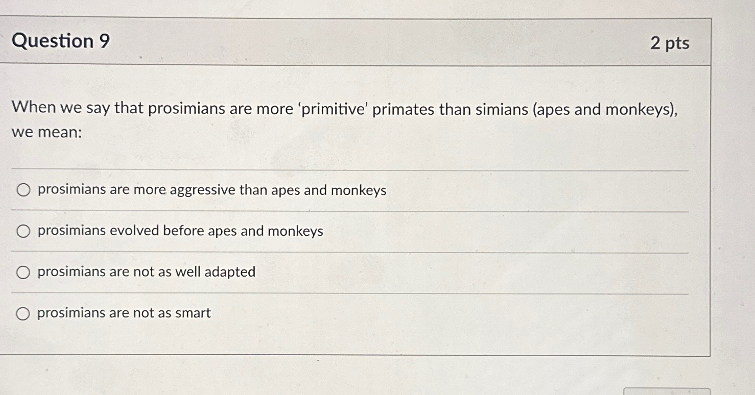 Solved Question 92 ﻿ptsWhen we say that prosimians are more | Chegg.com