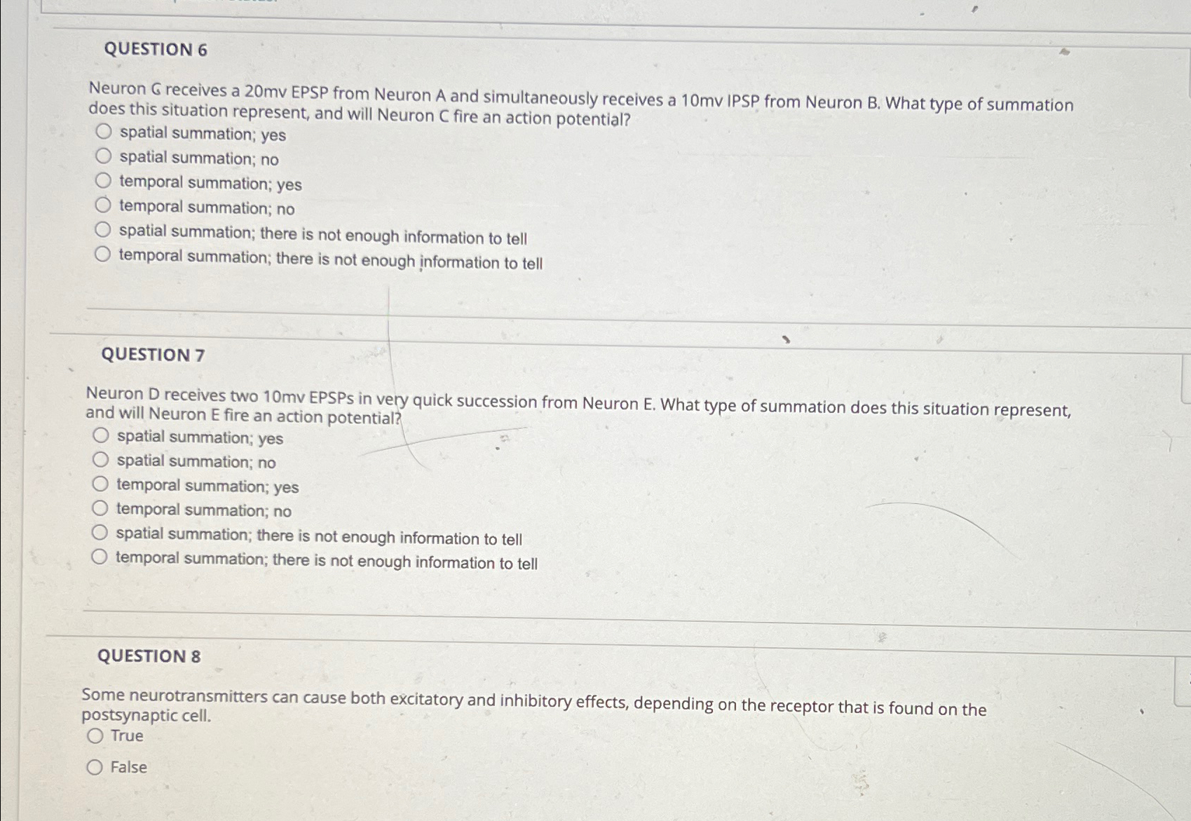 Solved QUESTION 6Neuron G receives a 20mv ﻿EPSP from Neuron | Chegg.com
