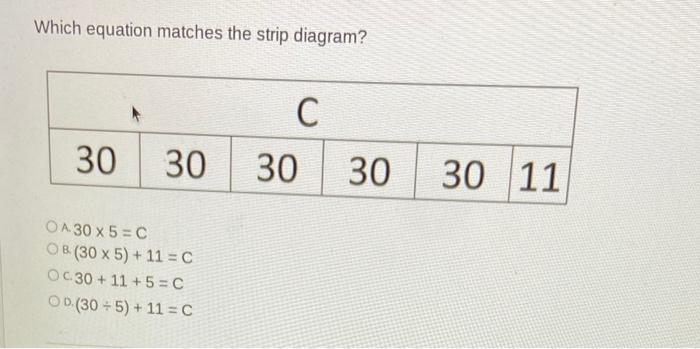 Solved Which equation matches the strip diagram? A. 30×5=C | Chegg.com
