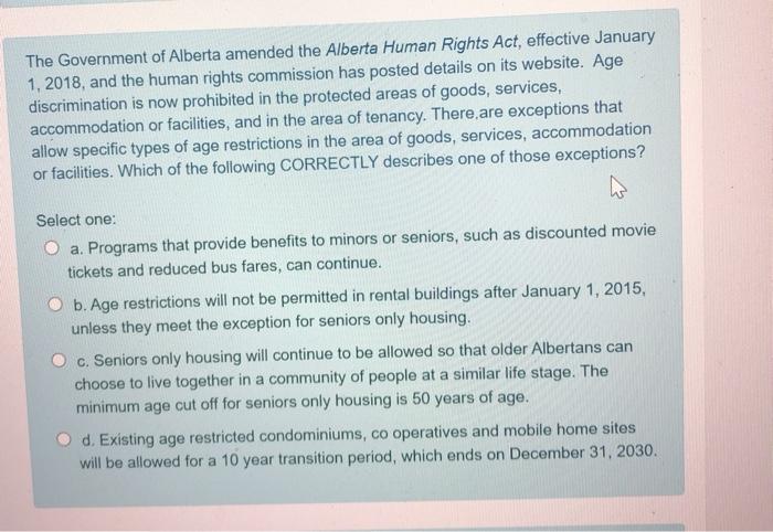 Solved The Government of Alberta amended the Alberta Human | Chegg.com