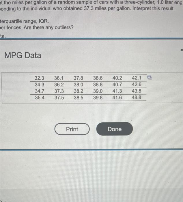 Solved The accompanying data represent the miles per gallon | Chegg.com