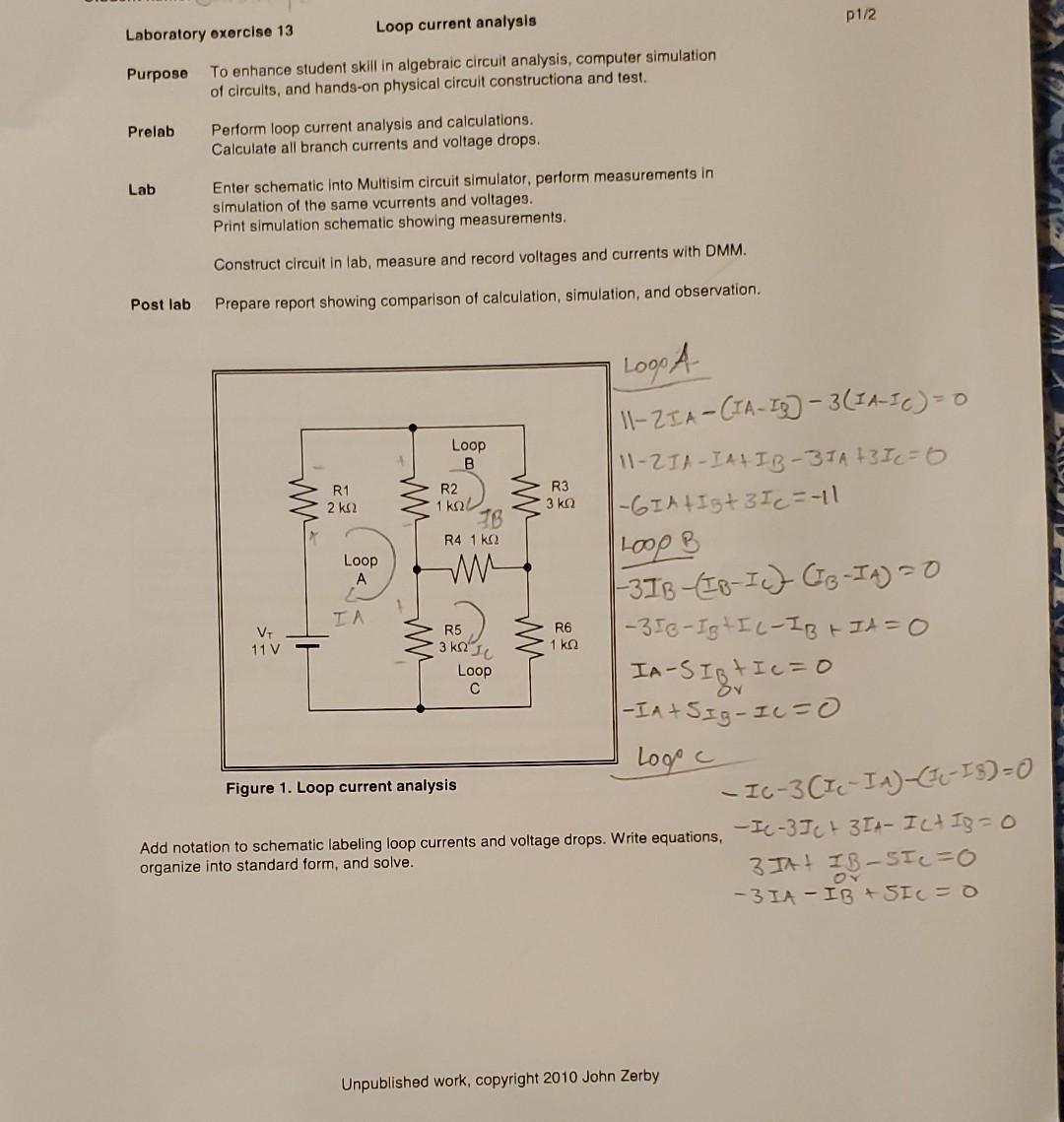 Solved p1/2 Laboratory oxercise 13 Loop current analysis | Chegg.com
