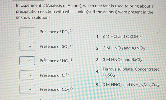 Solved In Experiment 2 (Analysis of Anions), which reactant | Chegg.com