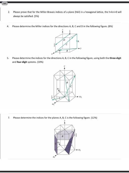 Solved 2. Please prove that for the Miller-Bravais indices | Chegg.com