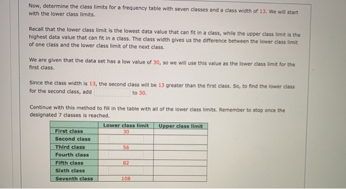 Solved Now, determine the class limits for a frequency table | Chegg.com