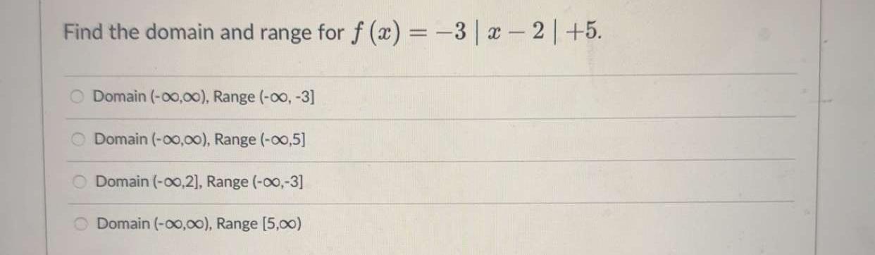 Solved Find the domain and range for f(x)=-3|x-2|+5.Domain | Chegg.com